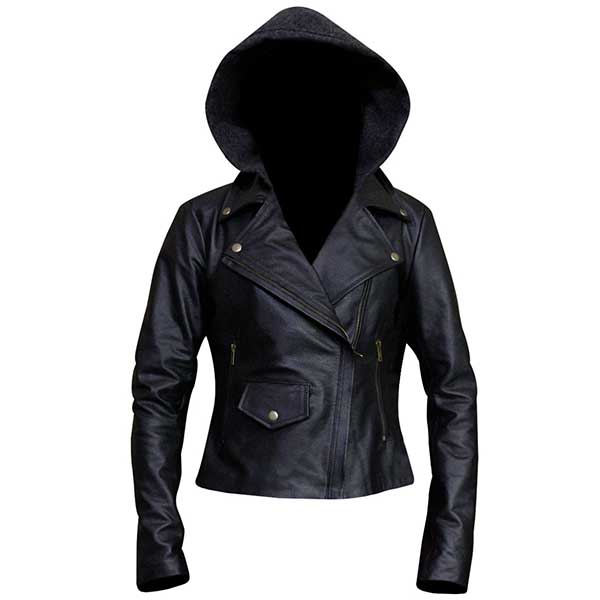 Women Hooded Motorcycle Leather Jacket - Leather Outwears